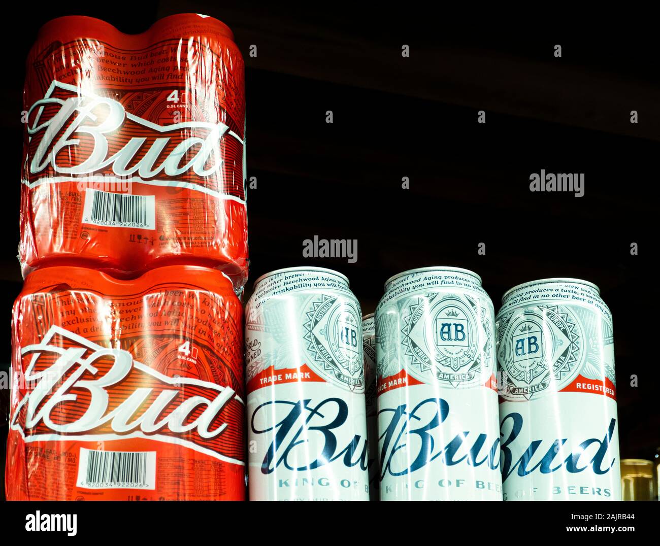 Bud beer cans on a store shelf Stock Photo - Alamy