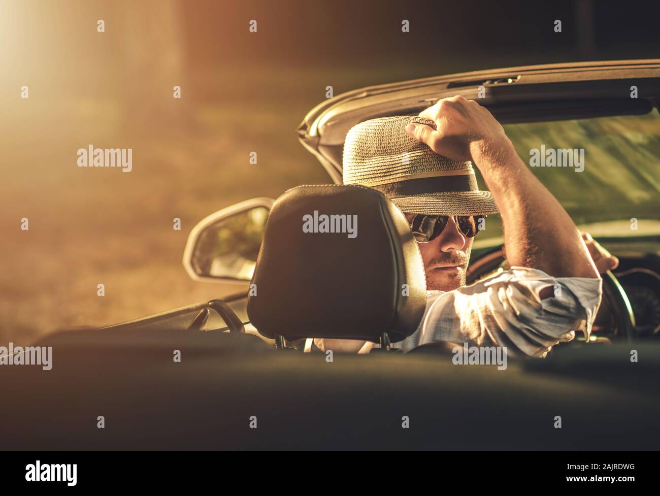 Caucasian Men Wearing Hat Driving His Car. Hot Summer Day Road Trip in ...