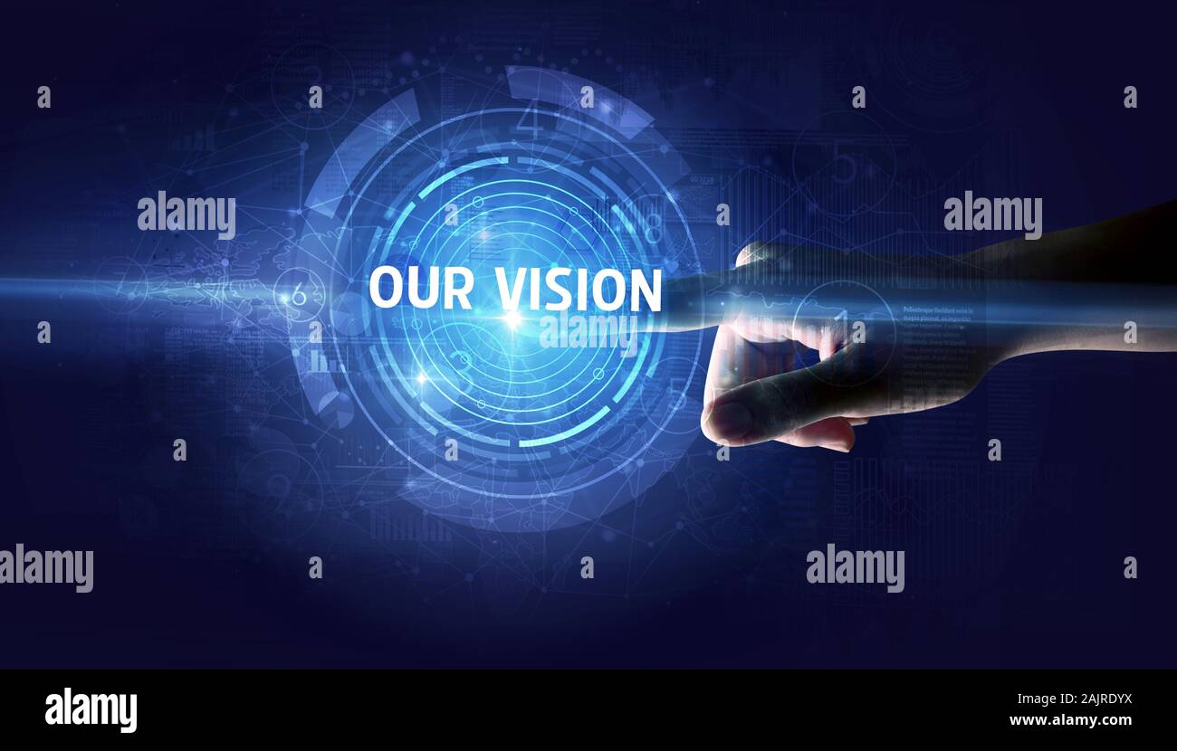 Hand touching OUR VISION button, modern business technology concept ...