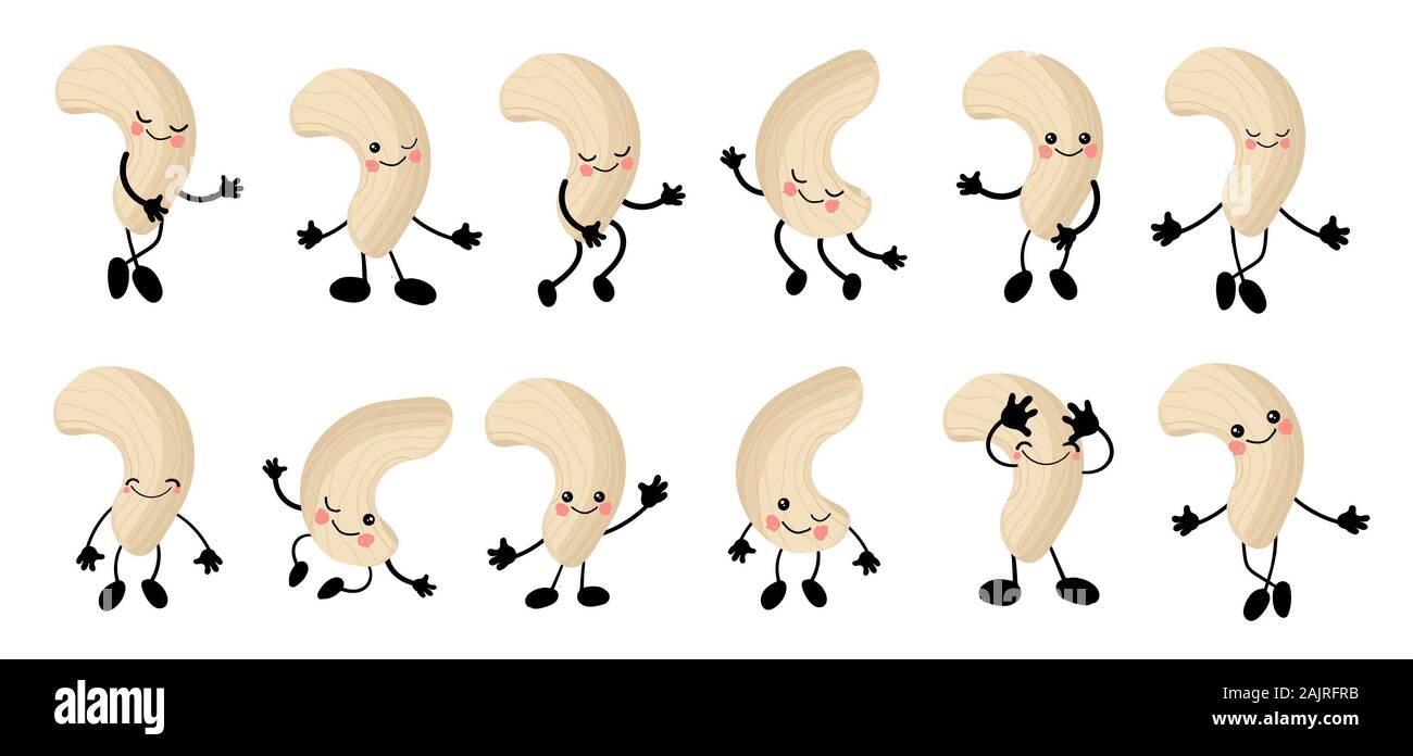Cashew. a large set of Cute Nuts characters with hands and eyes ...