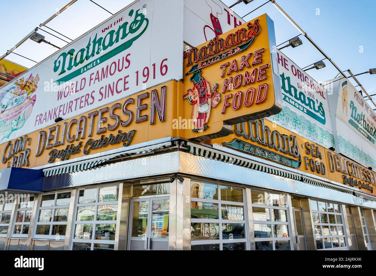Neon signs at Nathans famous delicatessen at Coney Island, Brooklyn ...
