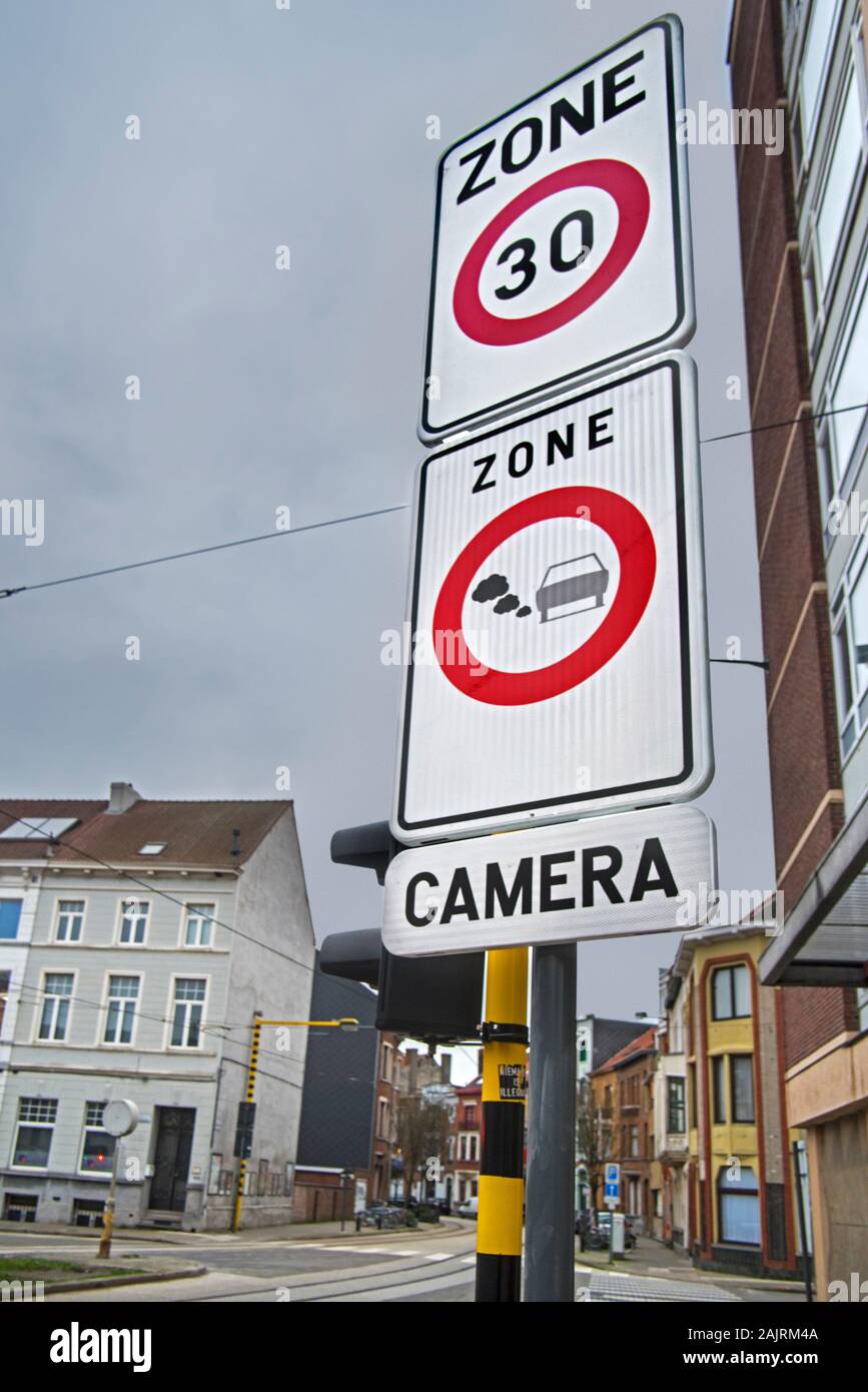 Warning sign for entering Low Emission Zone / LEZ at the entrance of ...
