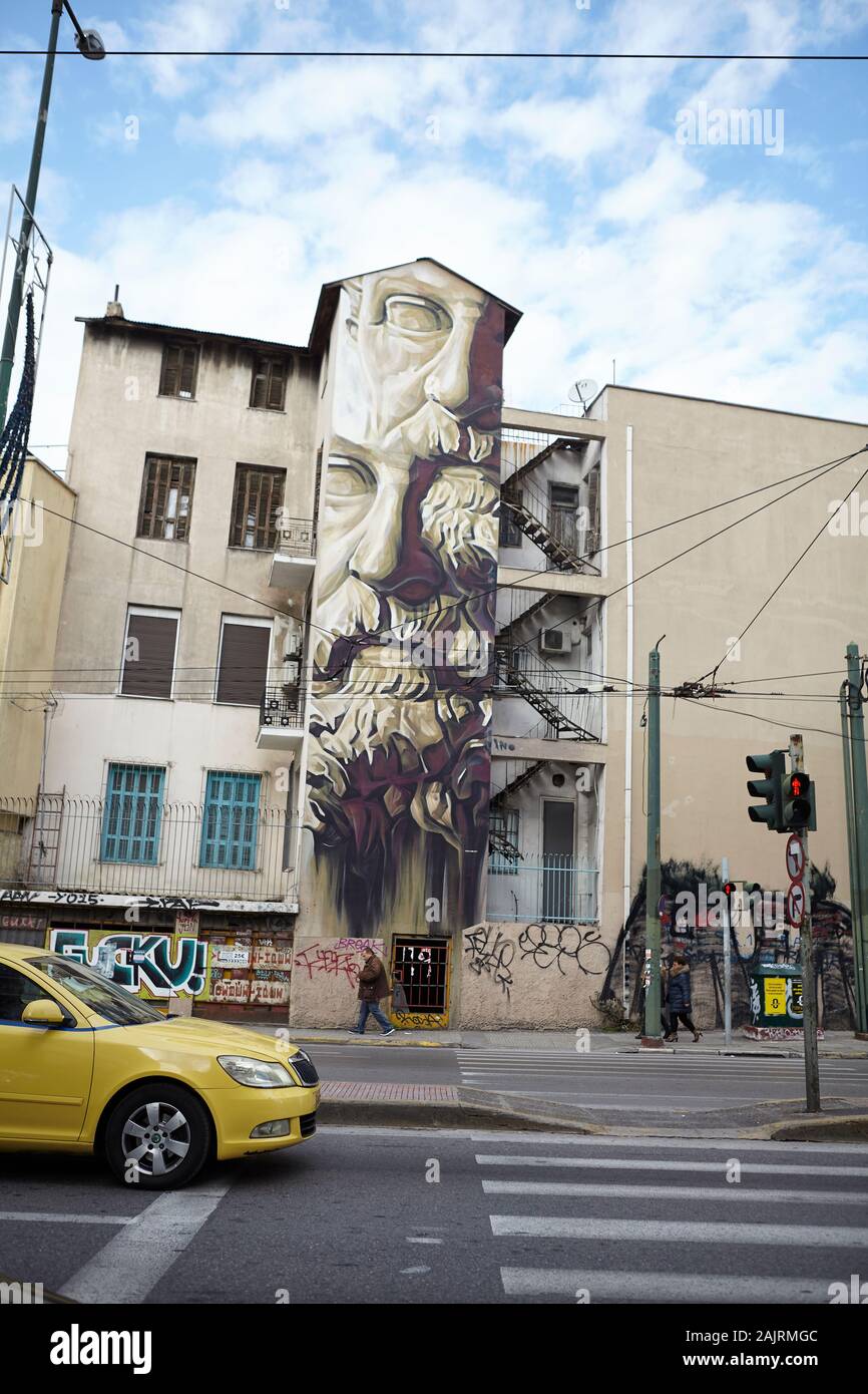 grafitti at metaxourgeio Athens , graffiti of Aristotle and homer Stock ...