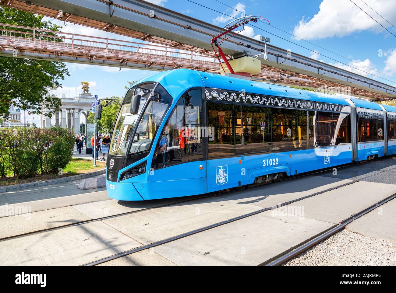 Moscow, Russia - July 8, 2019: Modern public urban transport. Tram ...