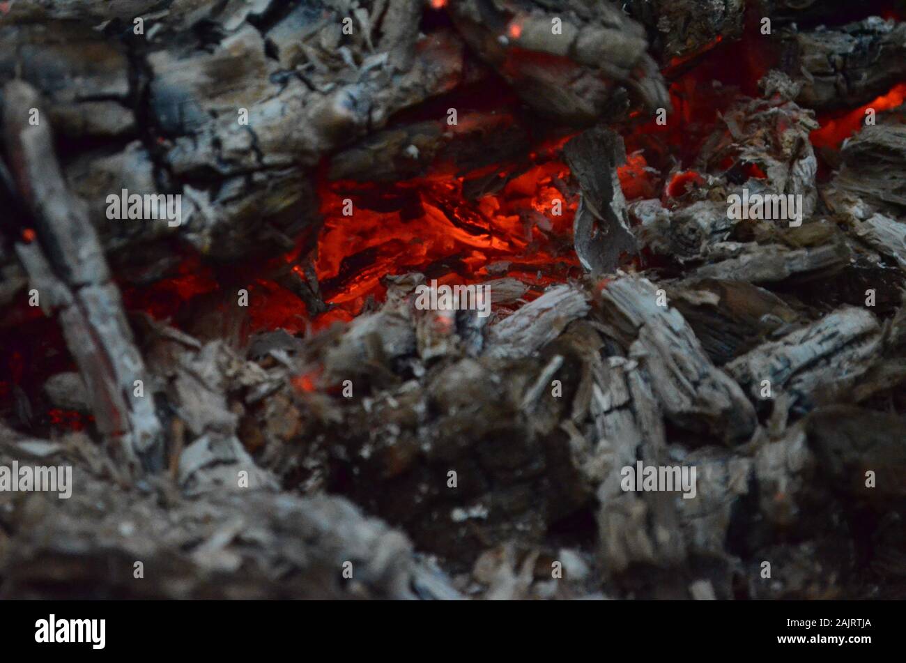 Glowing embers in hot red color. The hot embers of burning wood log ...
