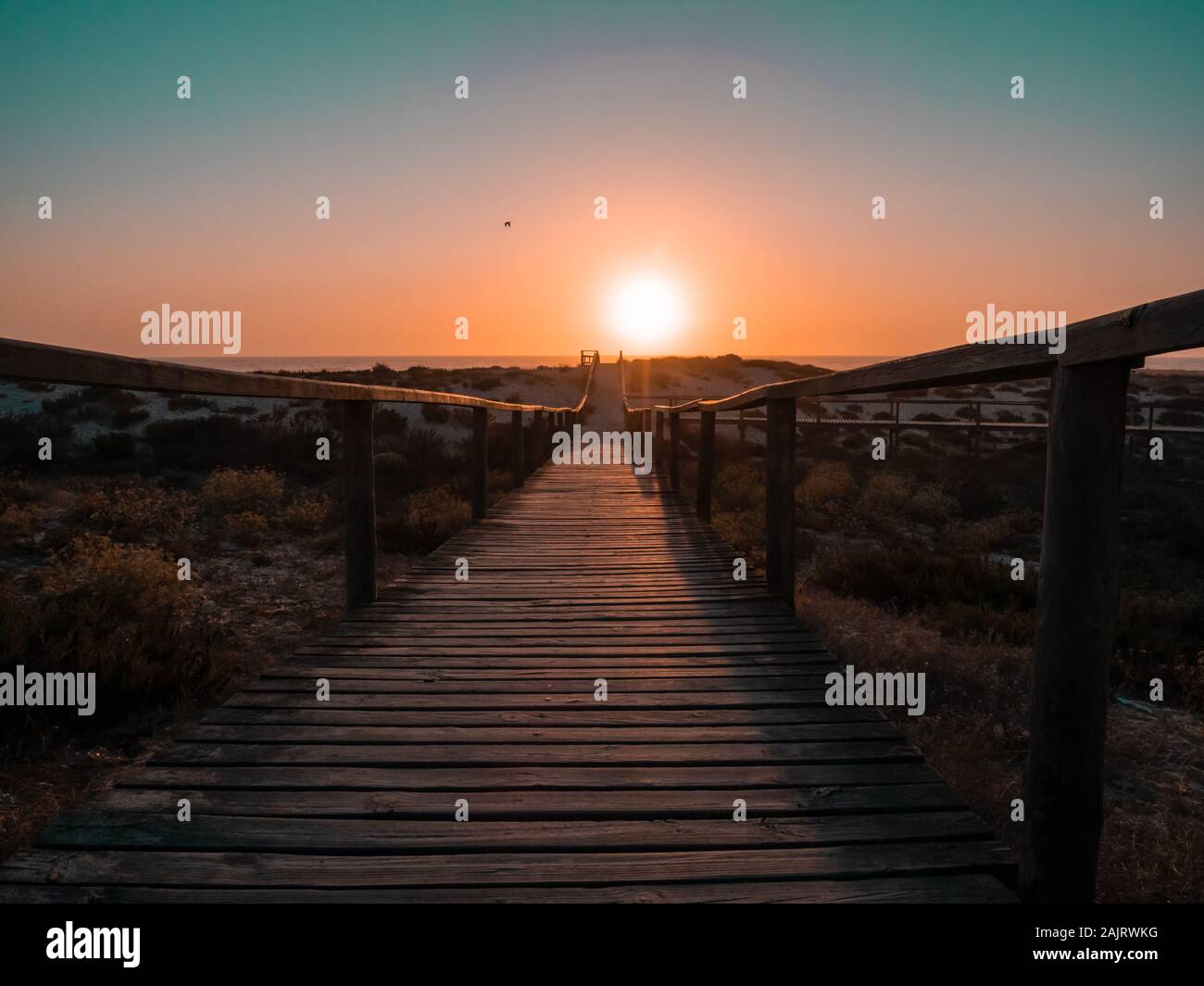 Wooden walkway towards sunset Stock Photo - Alamy
