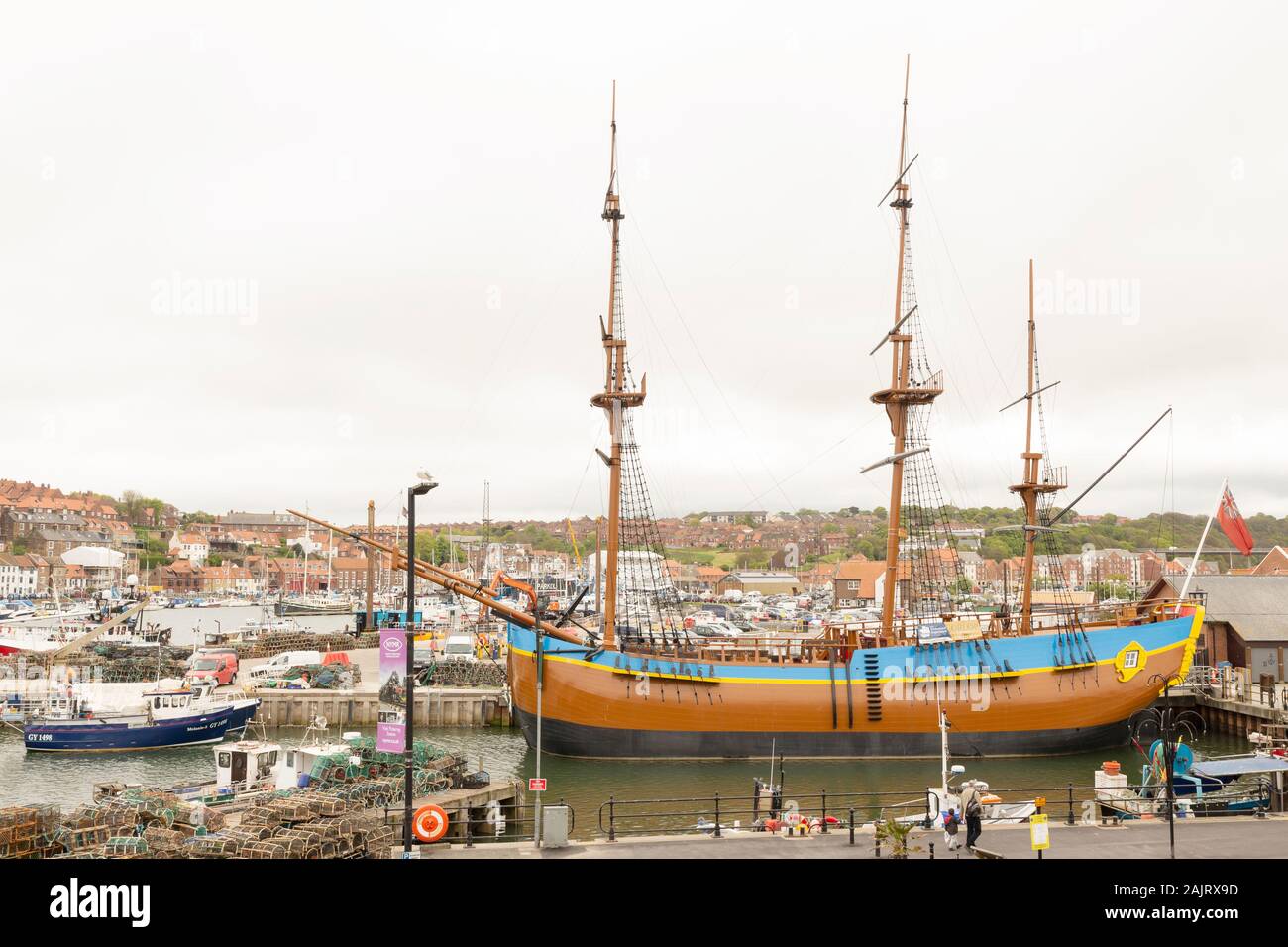 Whitby, England - 3rd May 2019: The HMS Endeavour docked in Whitby ...