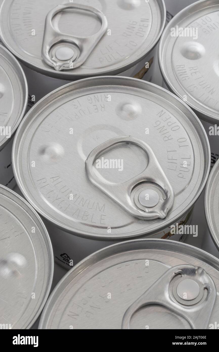 Close-up shot of brushed aluminium ring pull tab on an easy open tin of ...