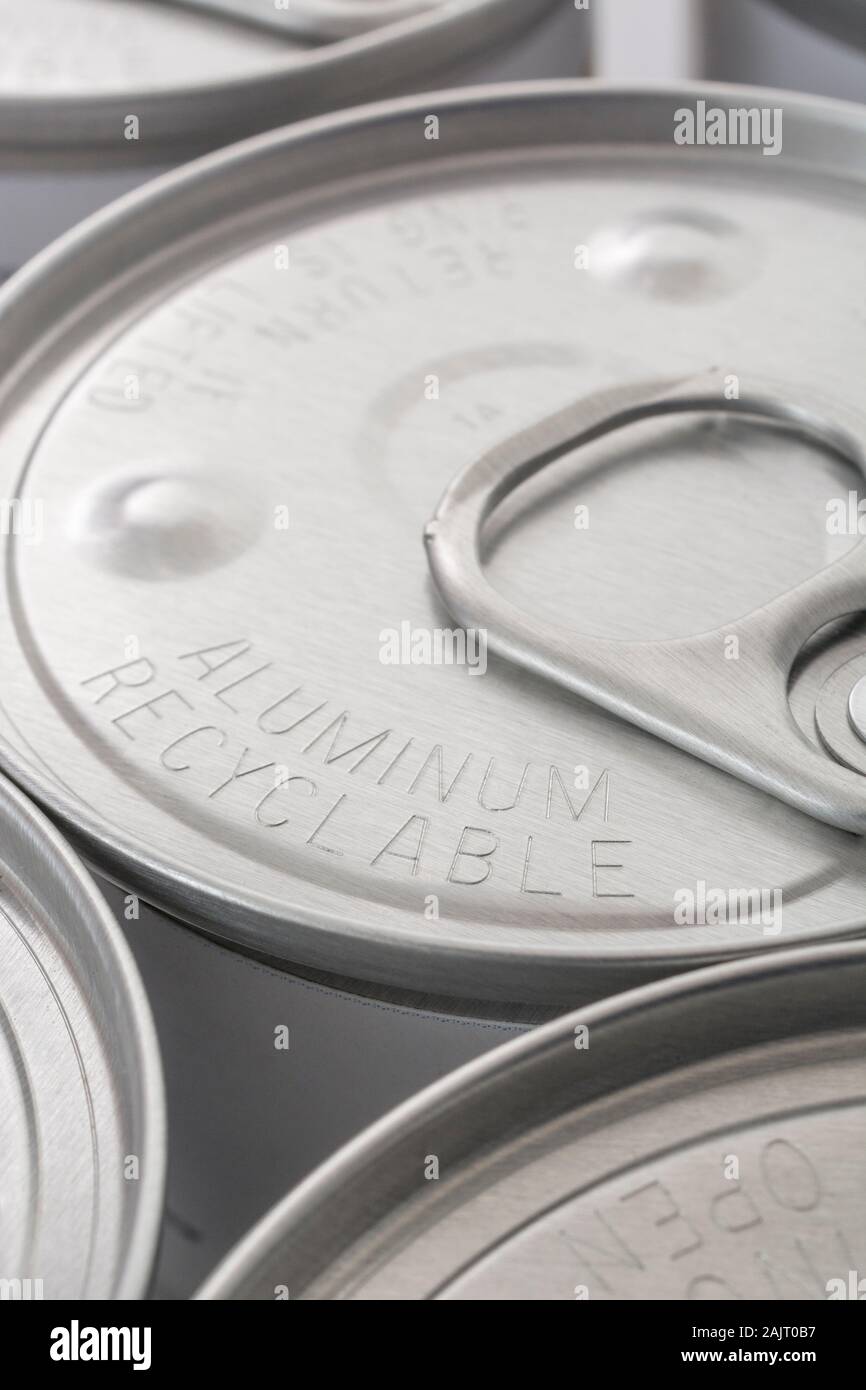 Close-up shot of brushed aluminium ring pull tab on an easy open tin of ...