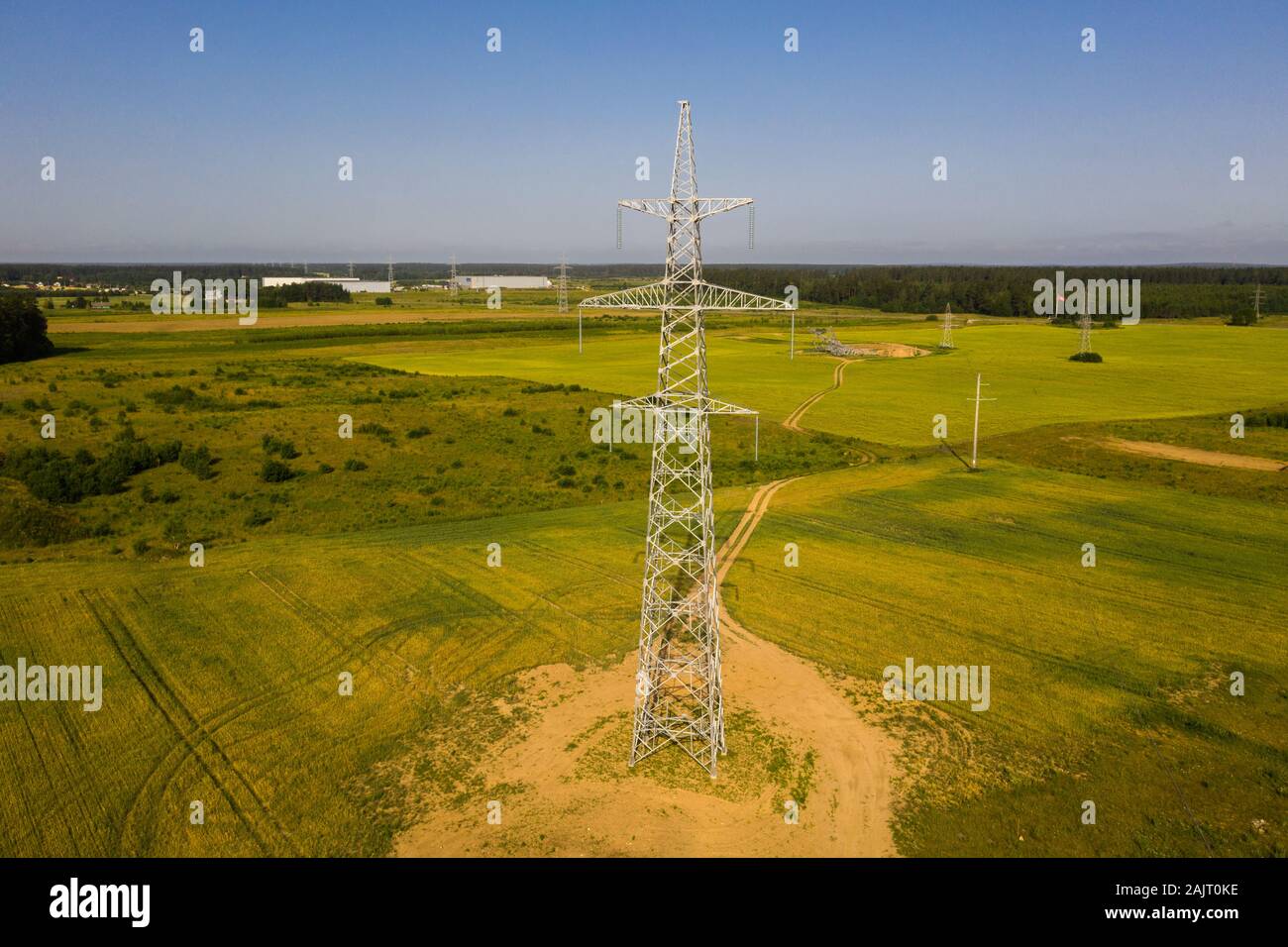 Drone view of electric pole during summer day Stock Photo - Alamy