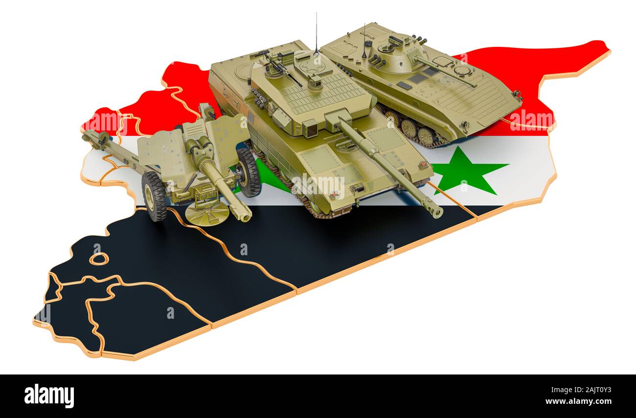 Combat vehicles on Syrian map. Military defence of Syria concept, 3D ...