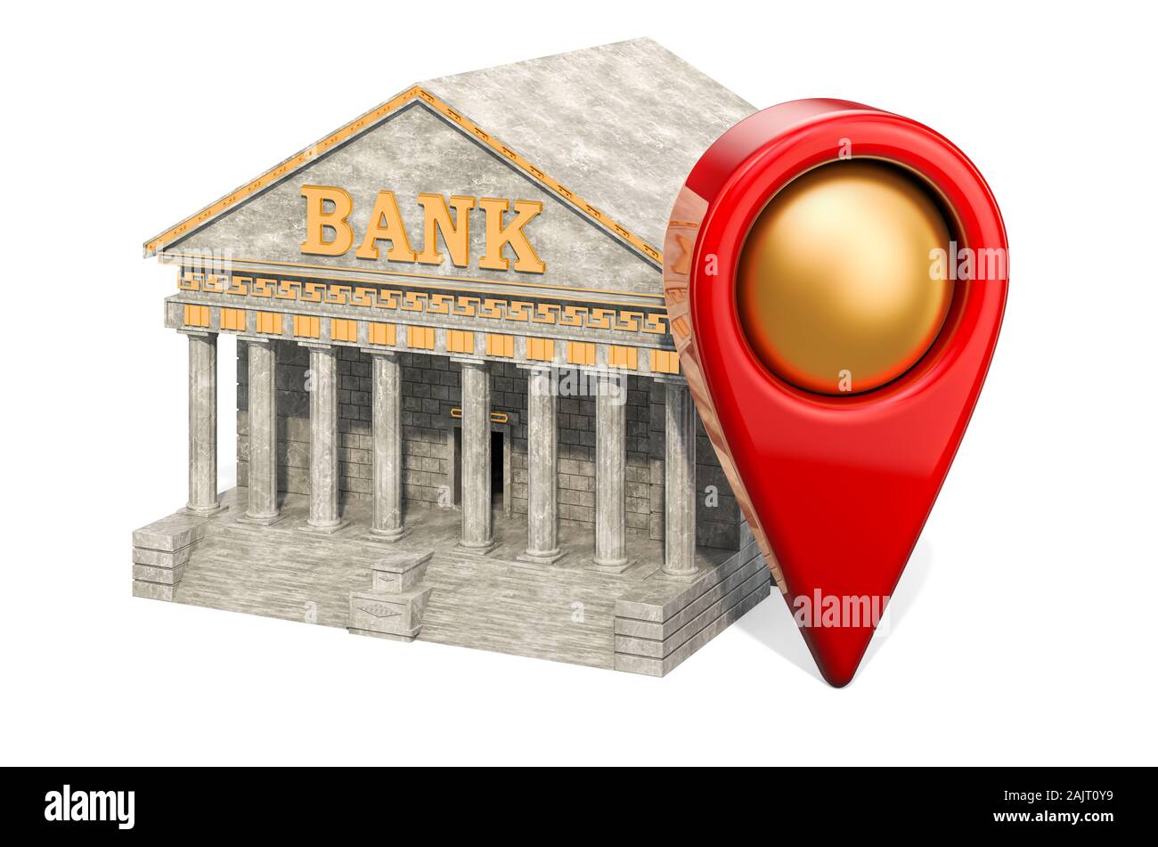 Map pointer with bank building. Bank location concept, 3D rendering ...