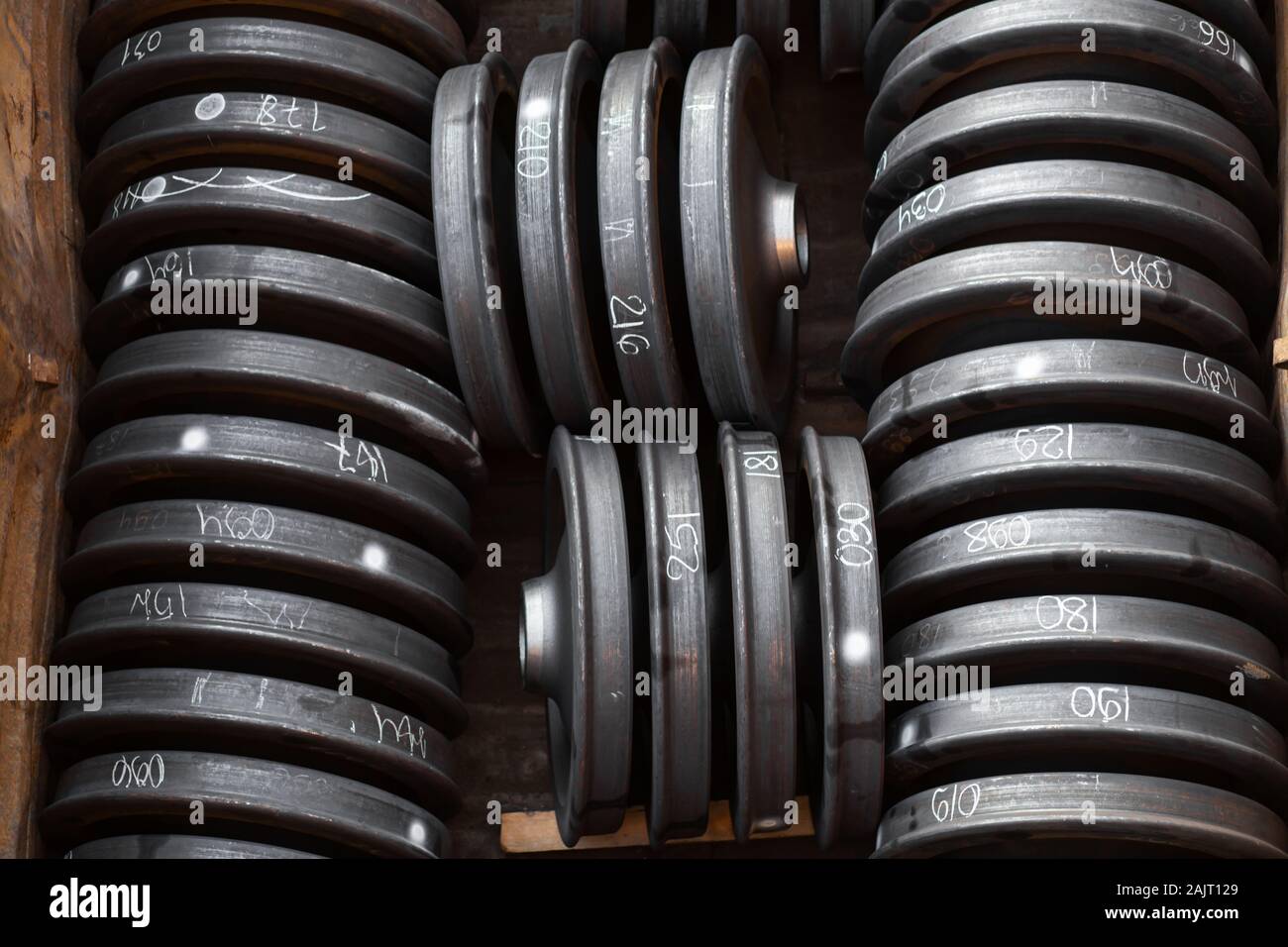 Railway carriage loaded with new train wheels Stock Photo - Alamy