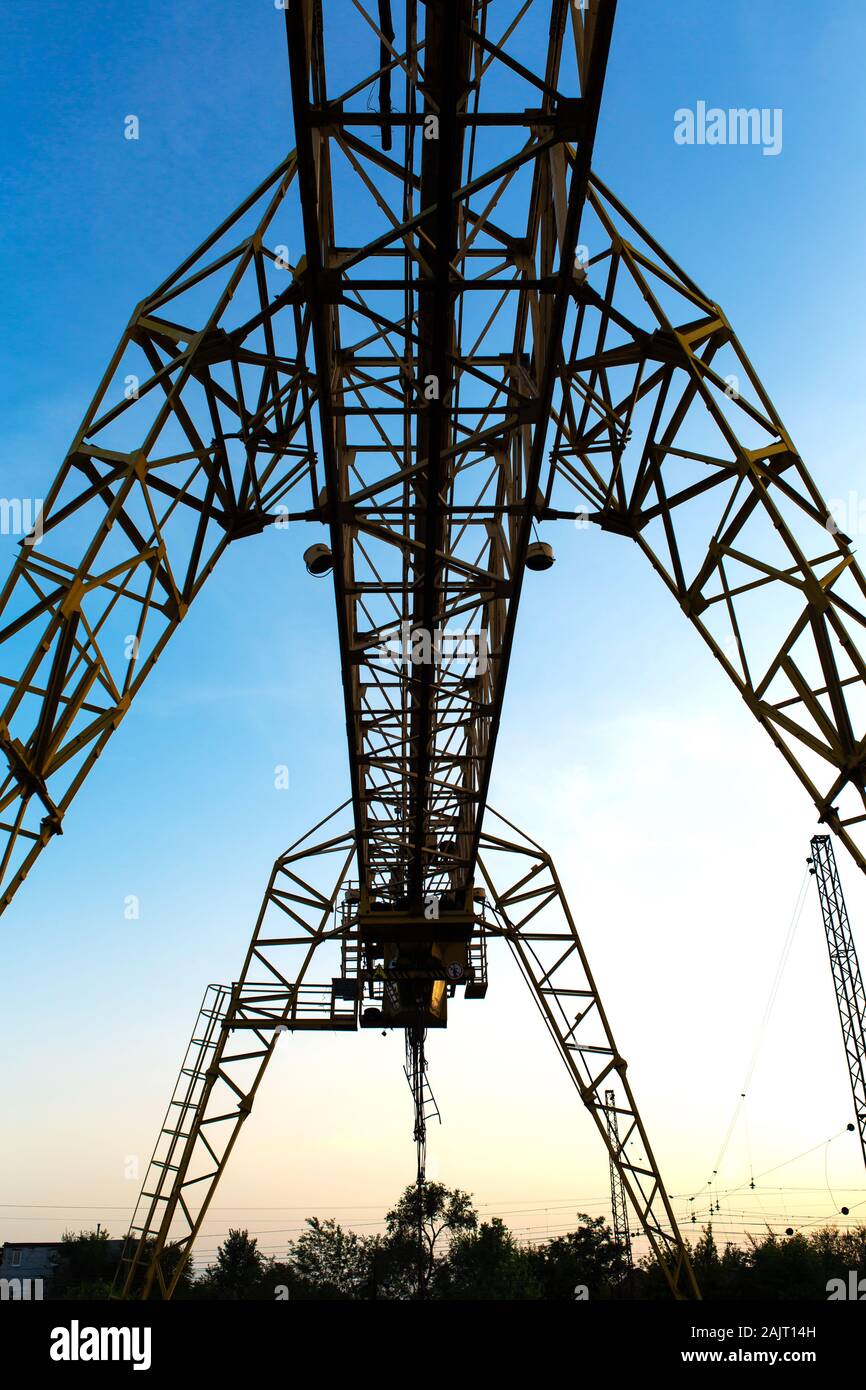 Bottom view of the construction of an overhead crane. Heavy industry ...