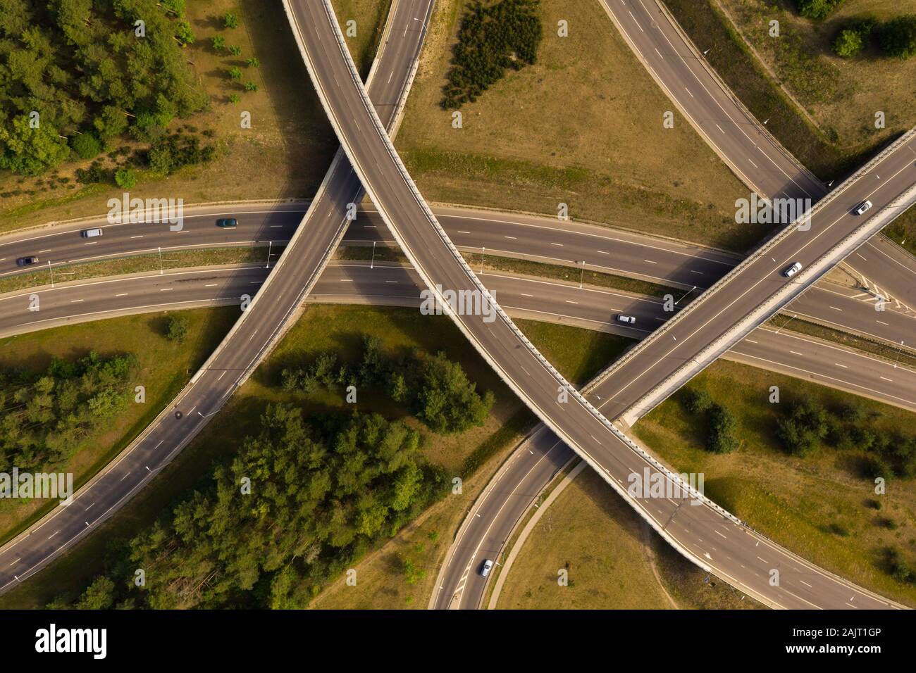 Drone view of highway and many intersection bridges during summer day ...