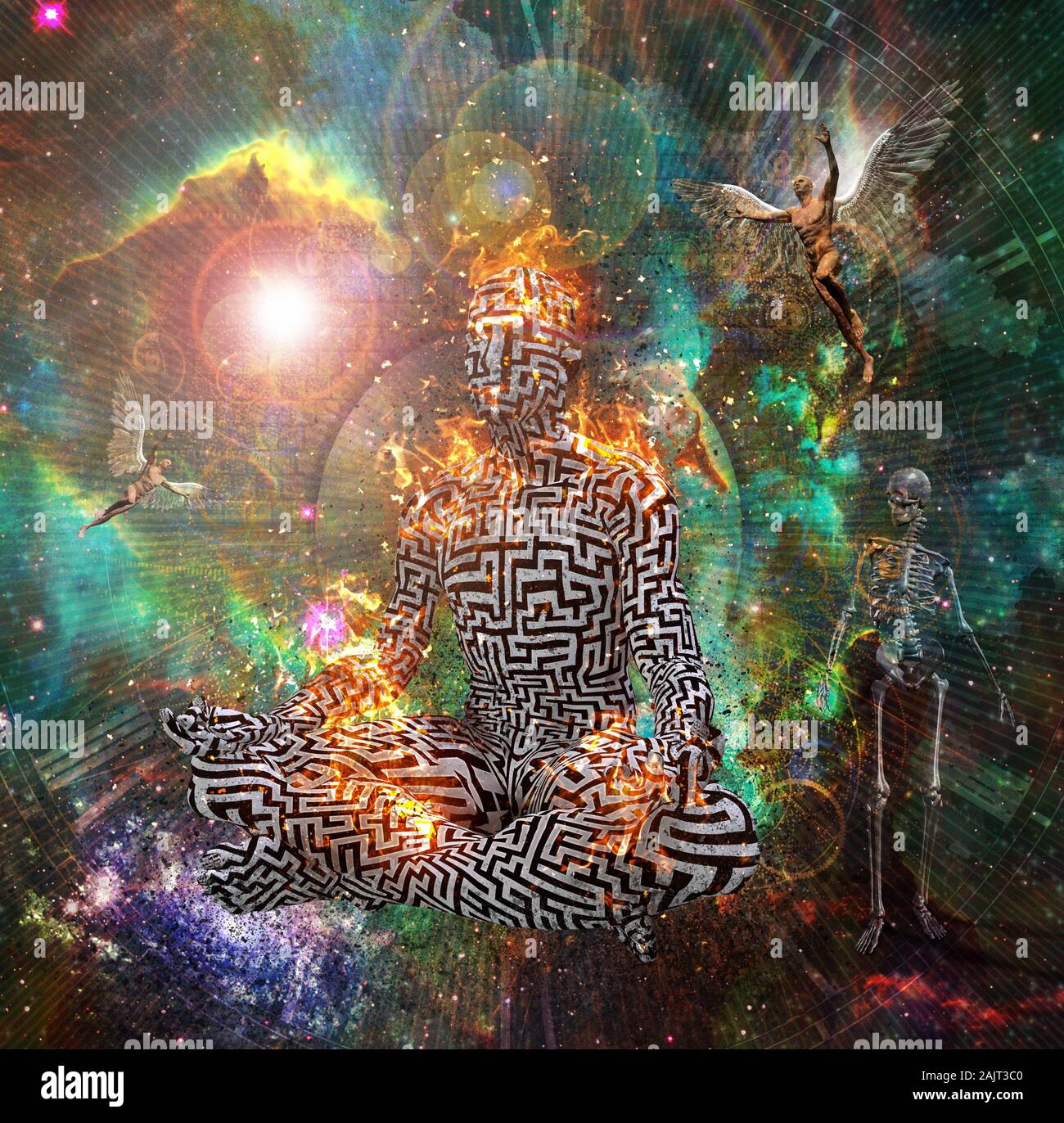 Surrealism. Figure of man with maze pattern in lotus pose in flames ...