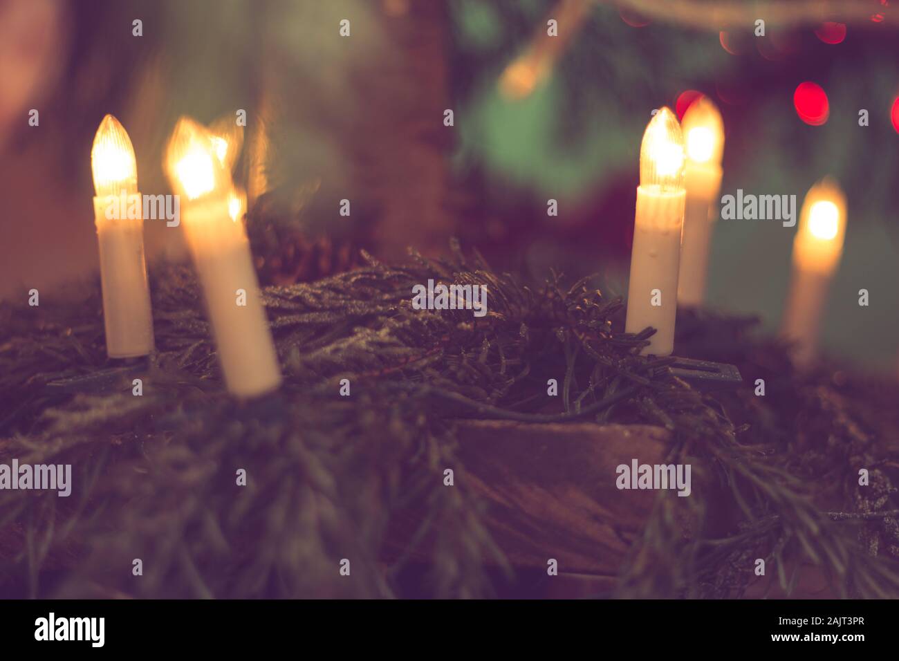 Christmas tree candles lights in the night Stock Photo - Alamy