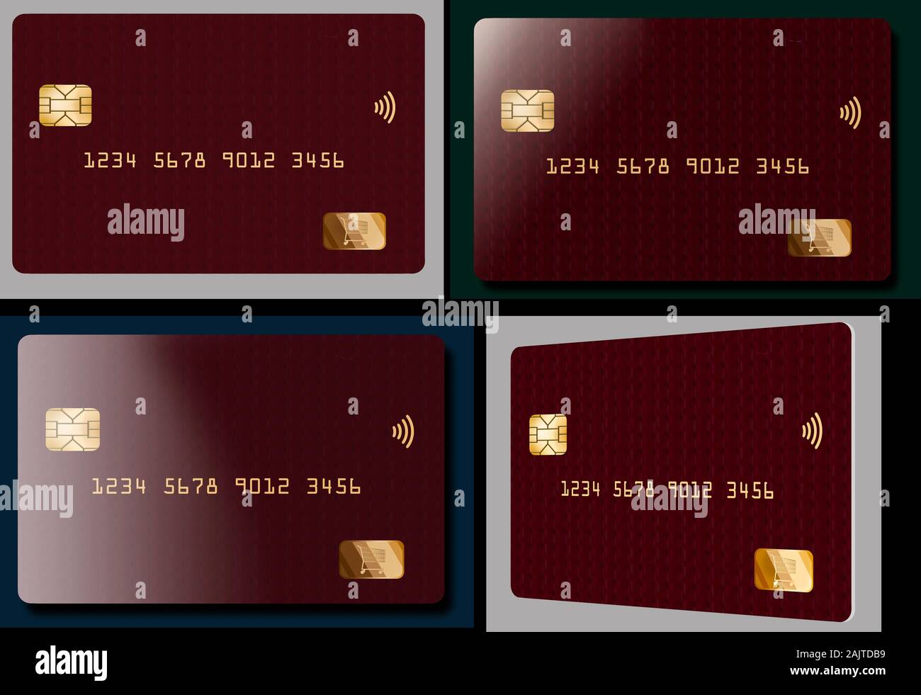 A contemporary red credit card is seen in four different views. Gold ...