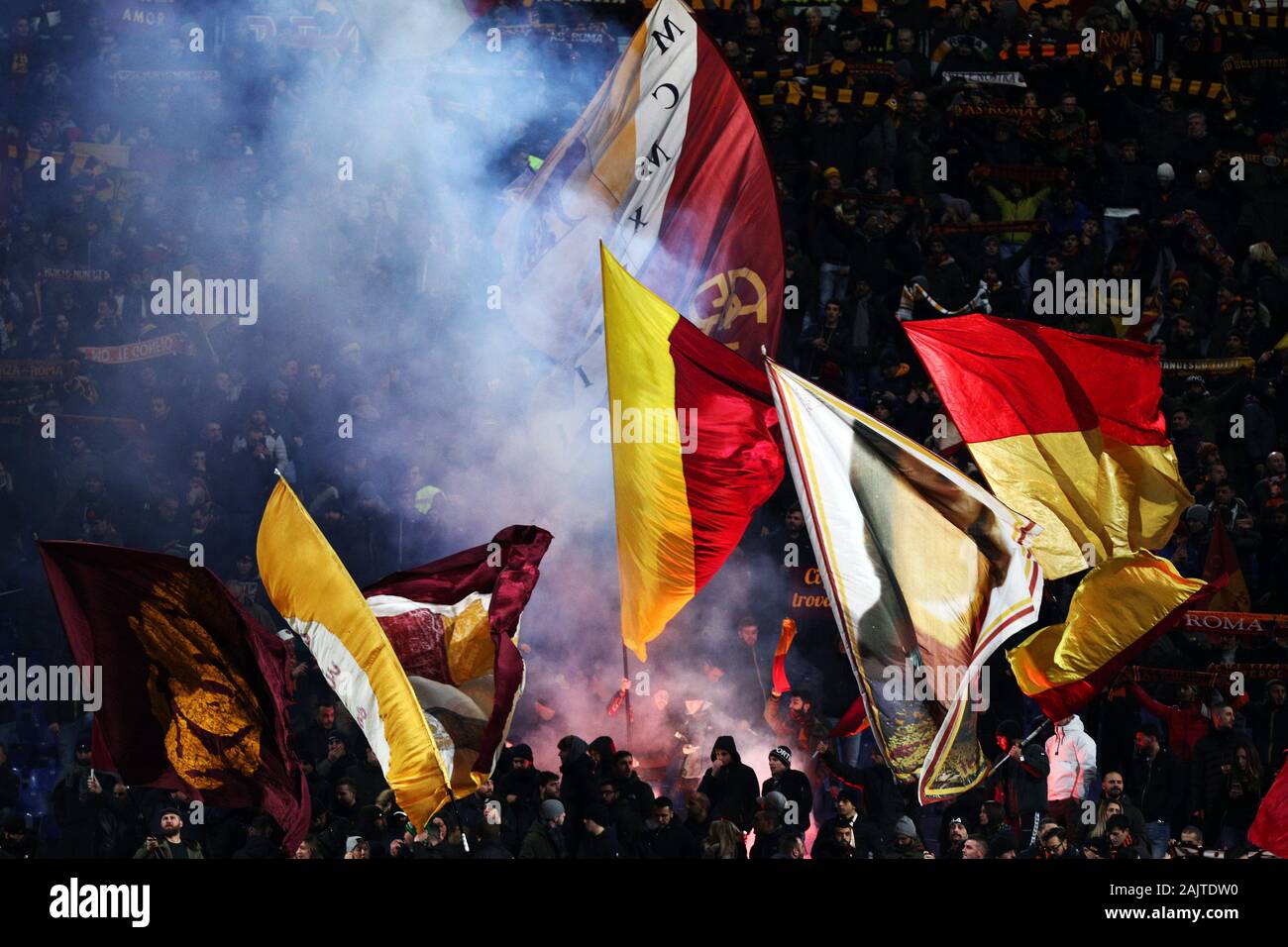 Roma supporters show his flags during the Italian championship Serie A ...