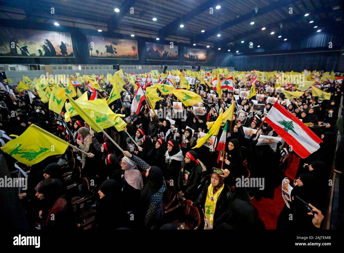 Beirut, Lebanon. 5th Jan, 2020. Supporters attend a rally for Qassem ...