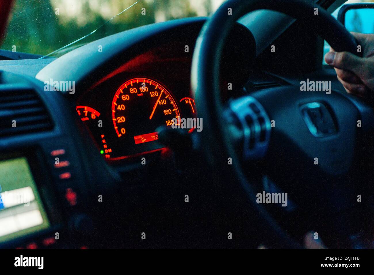 russia - september, 2019 Speedometer in a car needle is showing speed ...