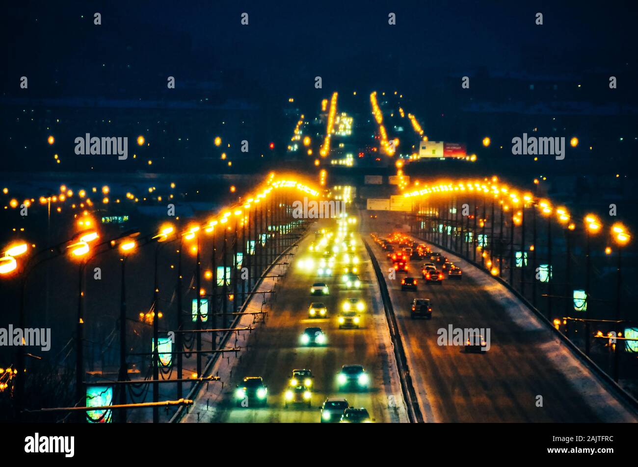 russia, moskow - december, 2019 night highway with cars and lights ...