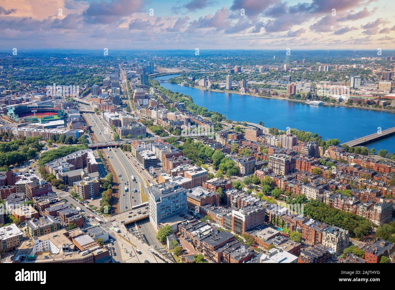 Panoramic aerial view of Boston financial district, historic center ...