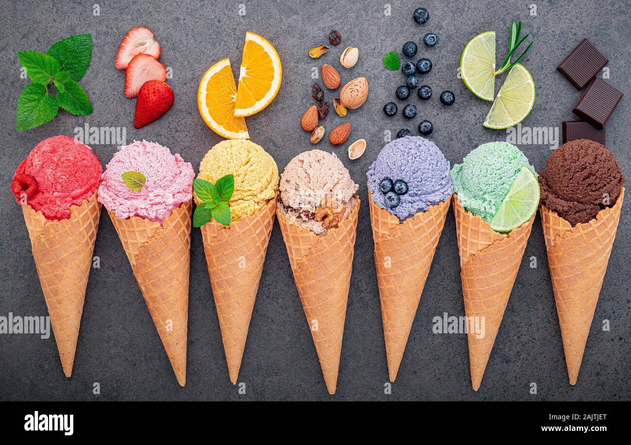 Flat Lay Ice Cream Cones Collection On Dark Stone Background Blank