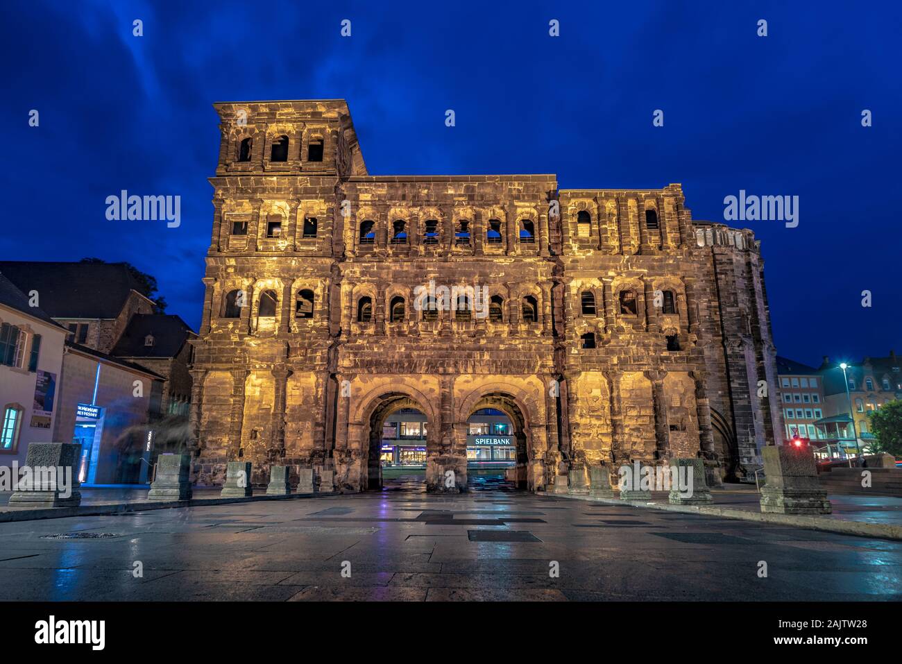 TRIER, GERMANY - SEPTEMBER 22: This is a night view of Porta Nigra an ...