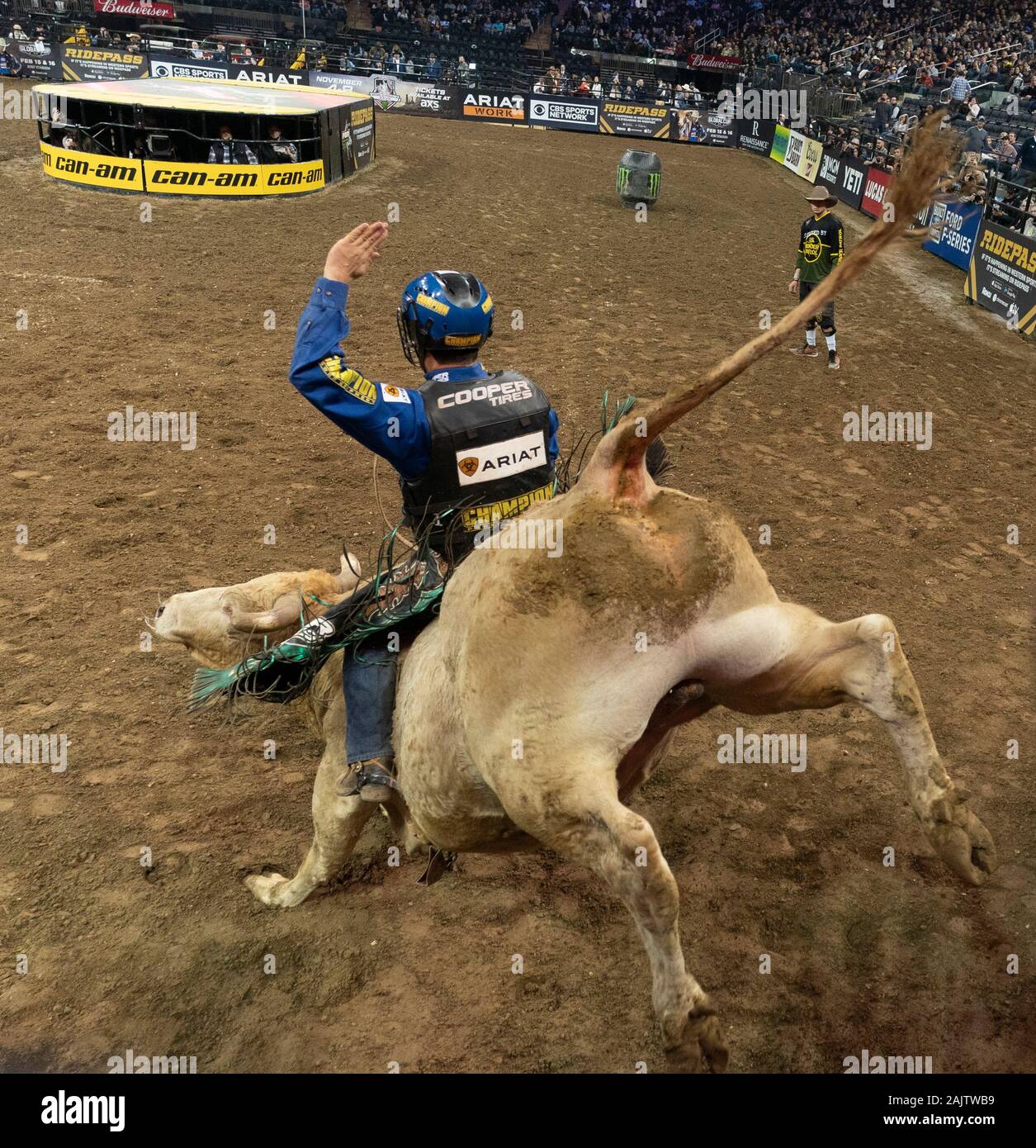 New York, NY - January 5, 2020: Kaique Pacheco rides bull during third ...