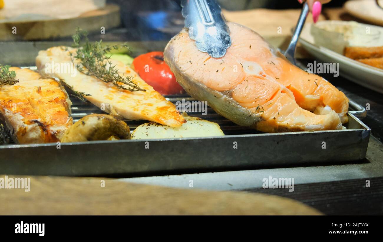 Grilled fish, grilled salmon steak, chicken, aromatic spices and ...