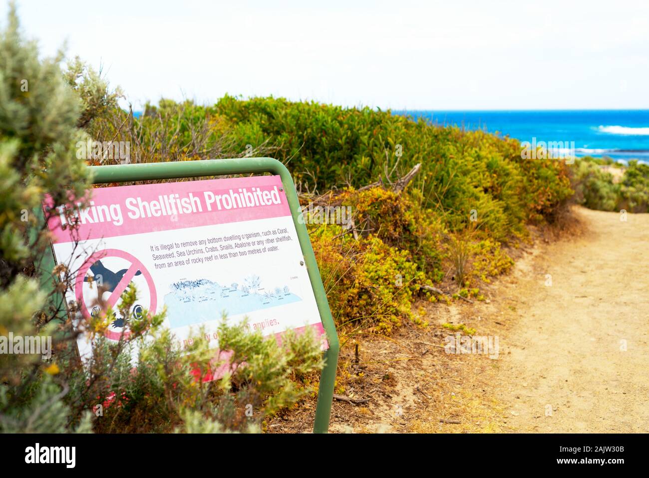 "Taking shellfish prohibited" sign on a beach, Australia. Horizontal ...