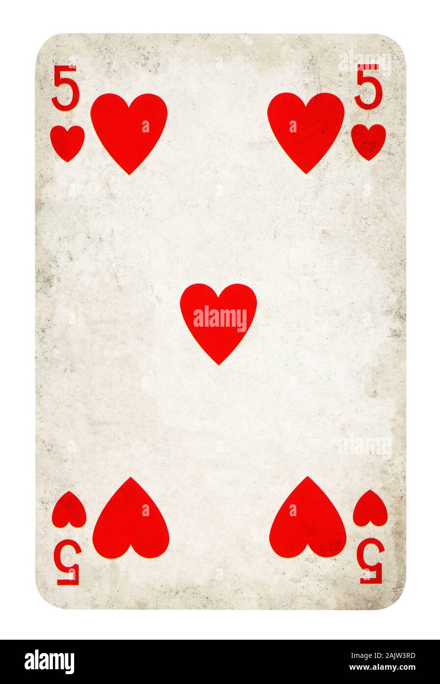 Five of Hearts Vintage playing card - isolated on white (clipping path ...