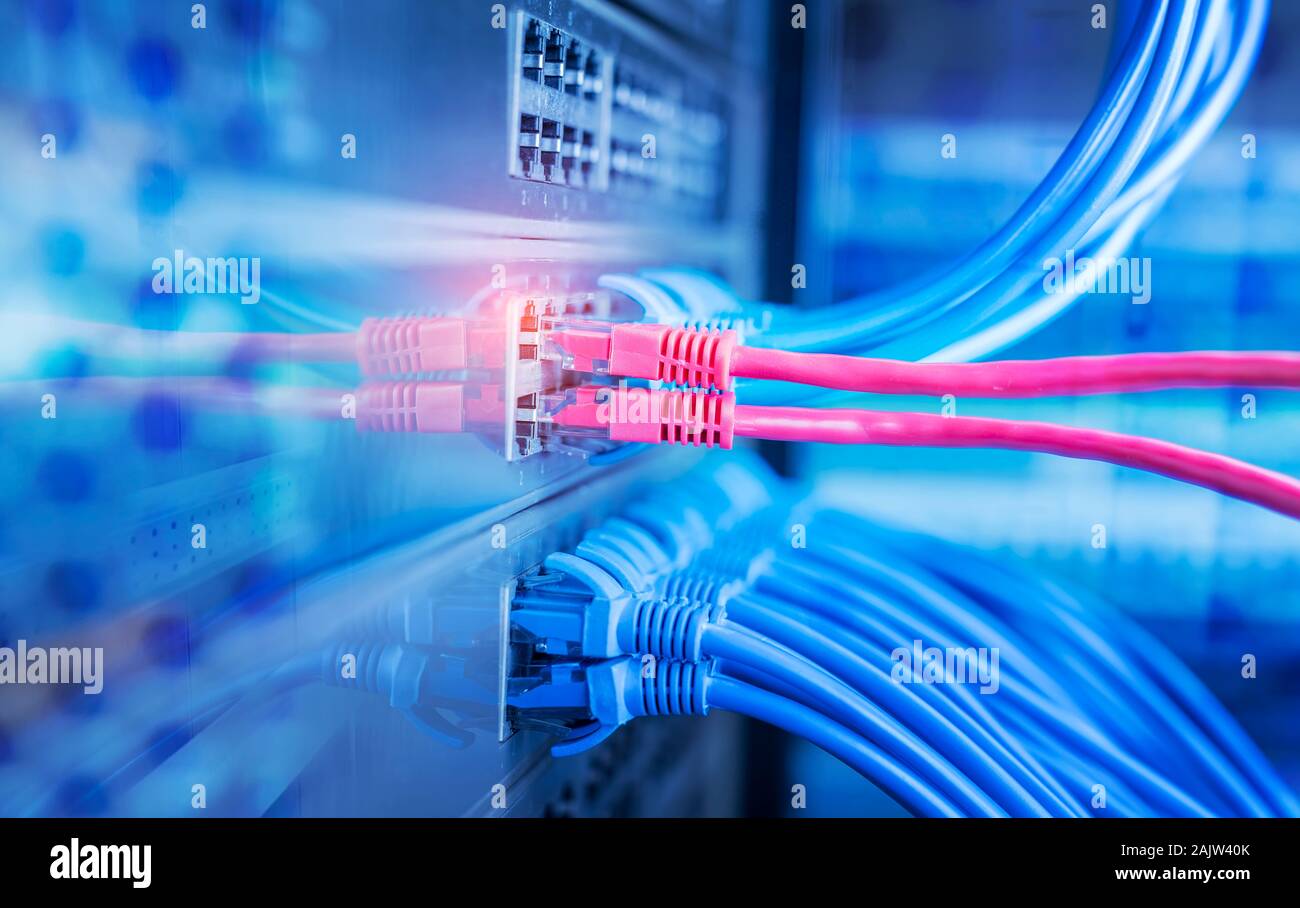 blue and red network cables connected to switch in data center Stock Photo - Alamy