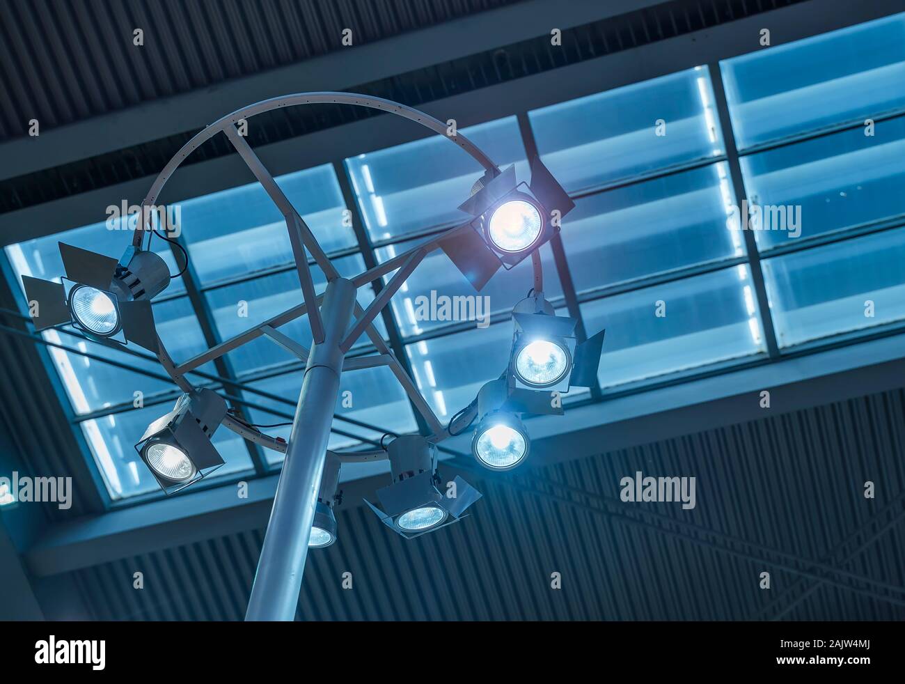 spotlights on a theatre stage lighting rig for consert Stock Photo - Alamy