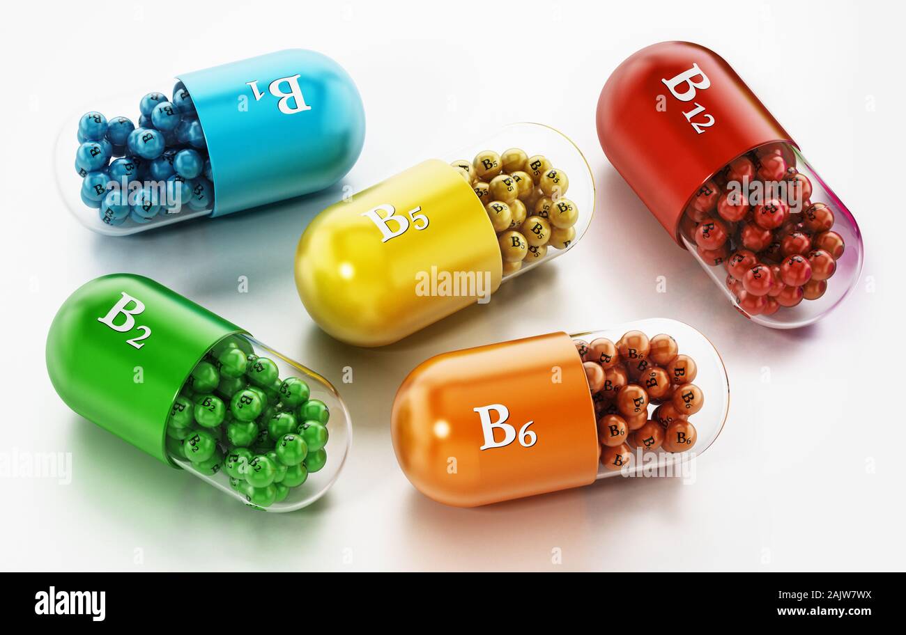 Various vitamin B pills isolated on white background. 3D illustration ...