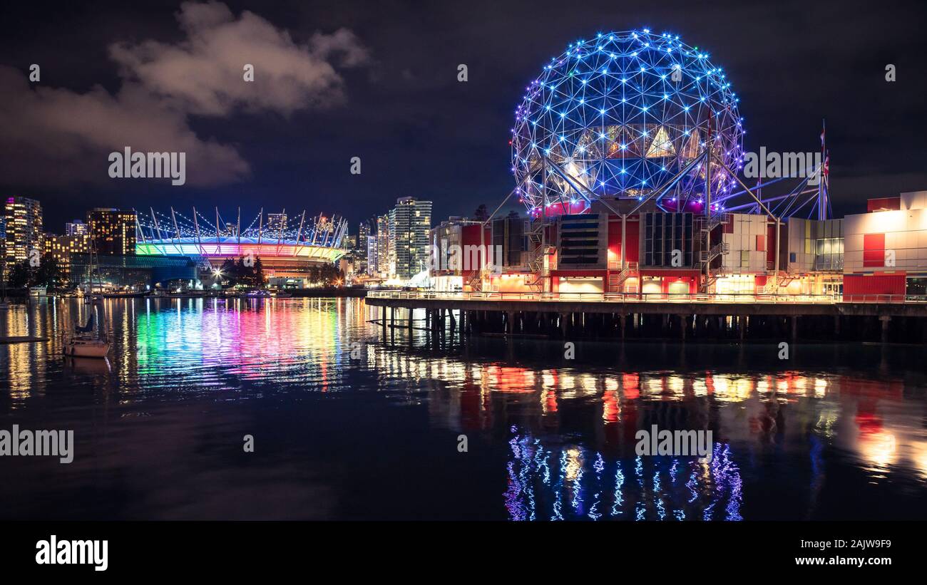Science World Illuminated at Night, False Creek, Vancouver, Canada ...