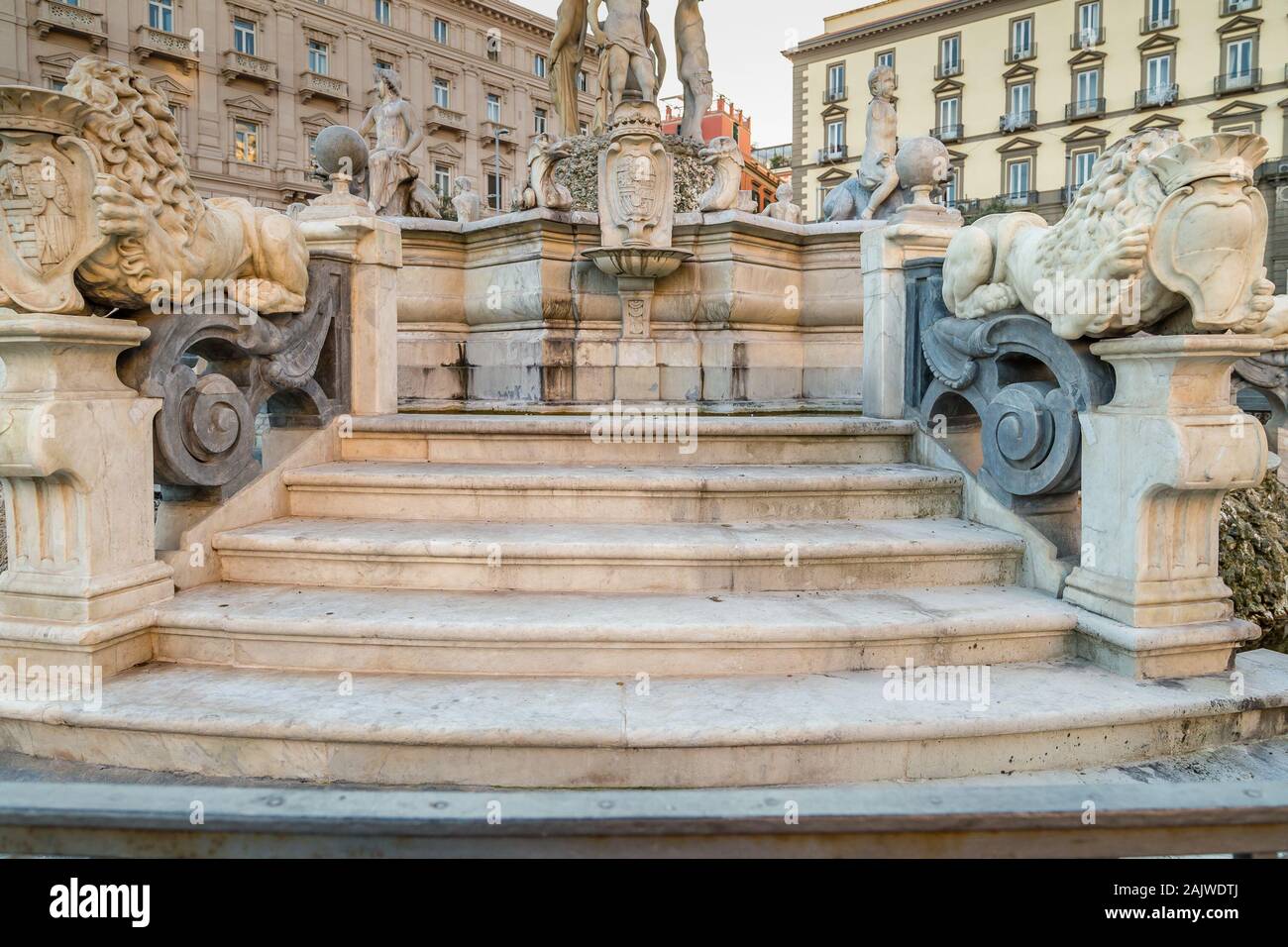 NAPLES, ITALY - JANUARY 1, 2020: sunlight is enlightening the Fountain ...