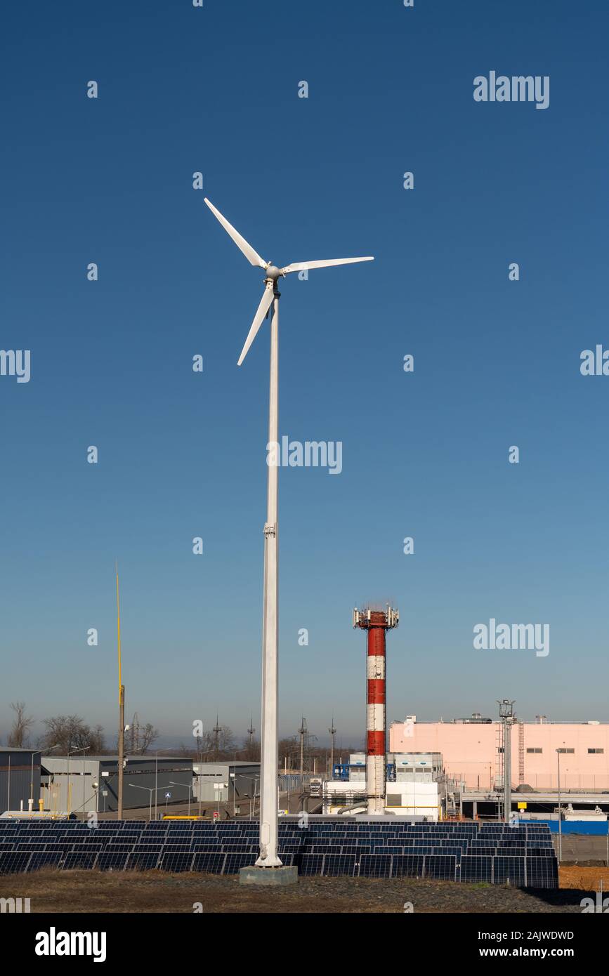 Solar power station and wind turbines supplies shopping mall Stock ...