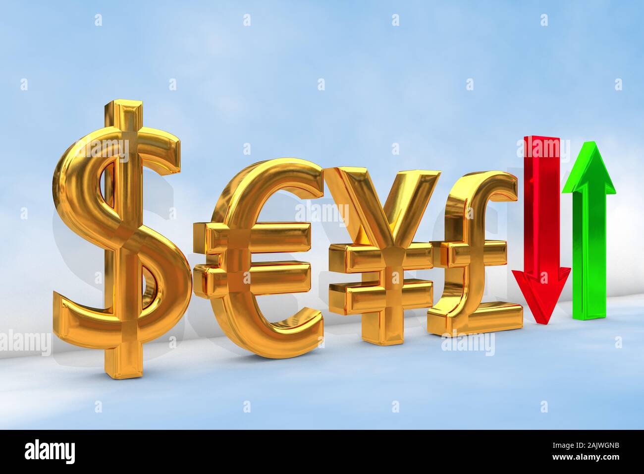 3D illustration: golden symbols of the main currencies of the world: us ...