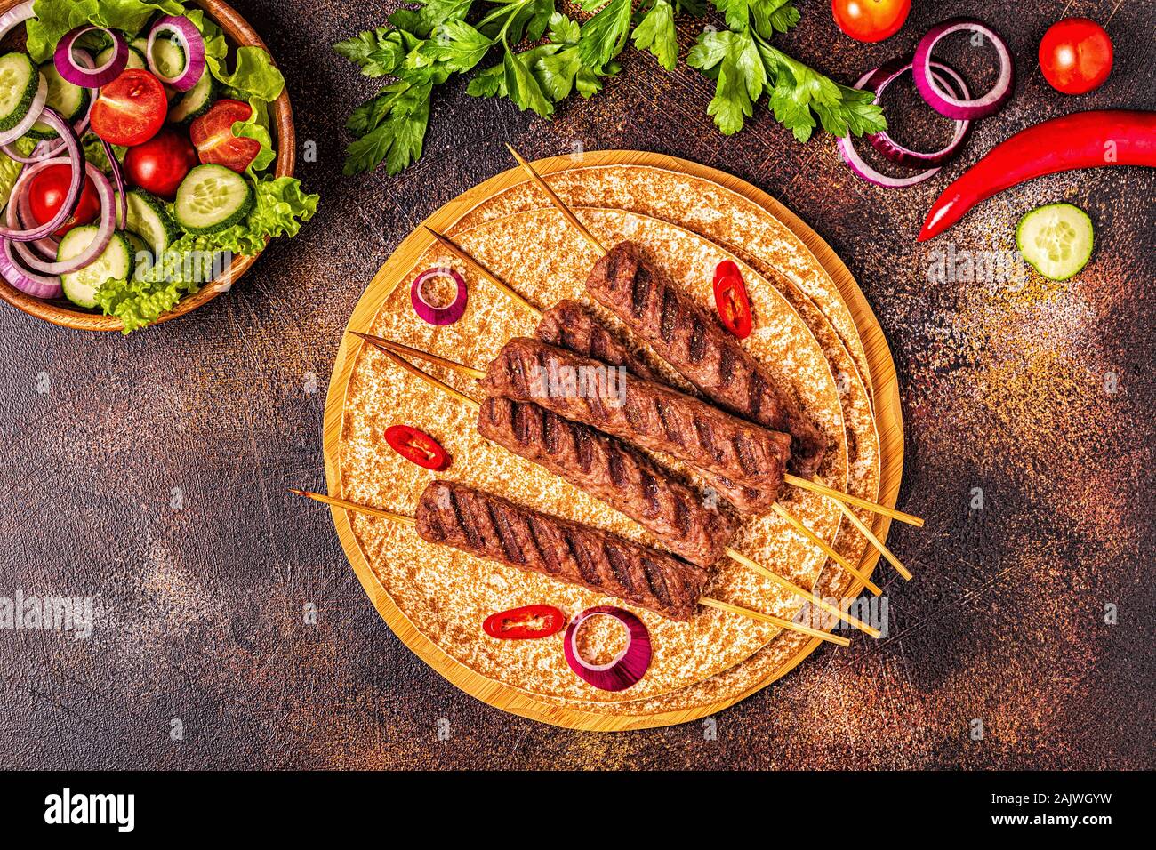 Traditional middle eastern, arabic or mediterranean meat kebab with ...