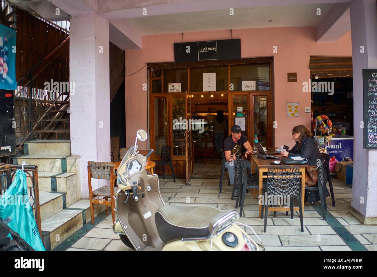 A typical cafe in the lanes of McLeodganj near Dharamshala in Himachal ...