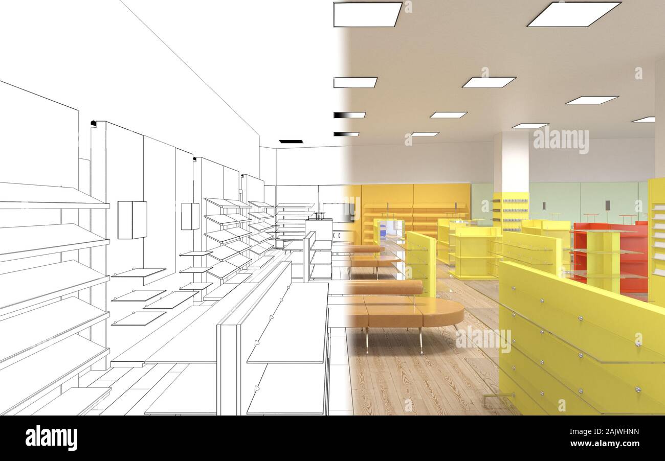 shopping mall, interior visualization, 3D illustration Stock Photo - Alamy