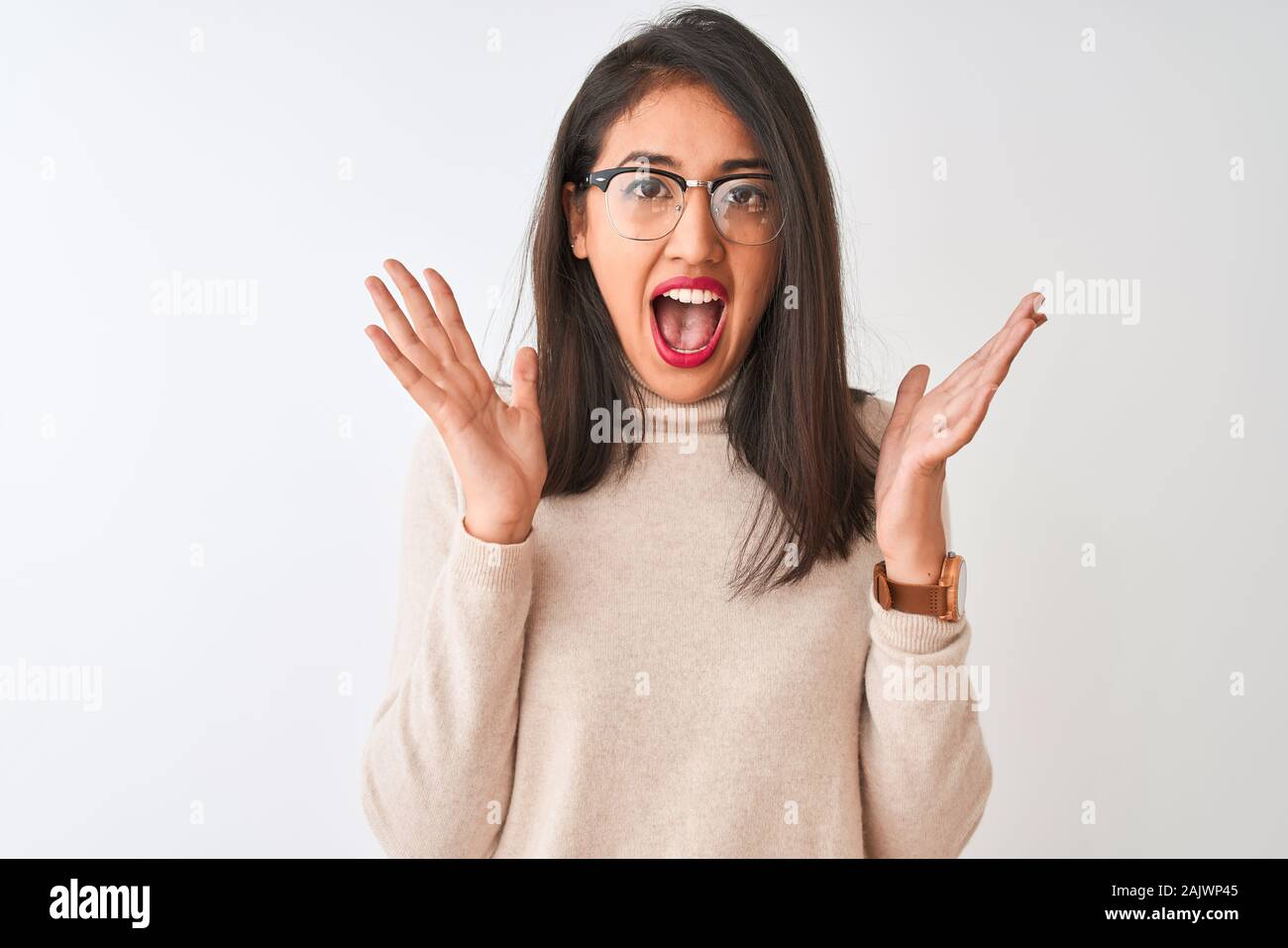Chinese woman wearing turtleneck sweater and glasses over isolated ...