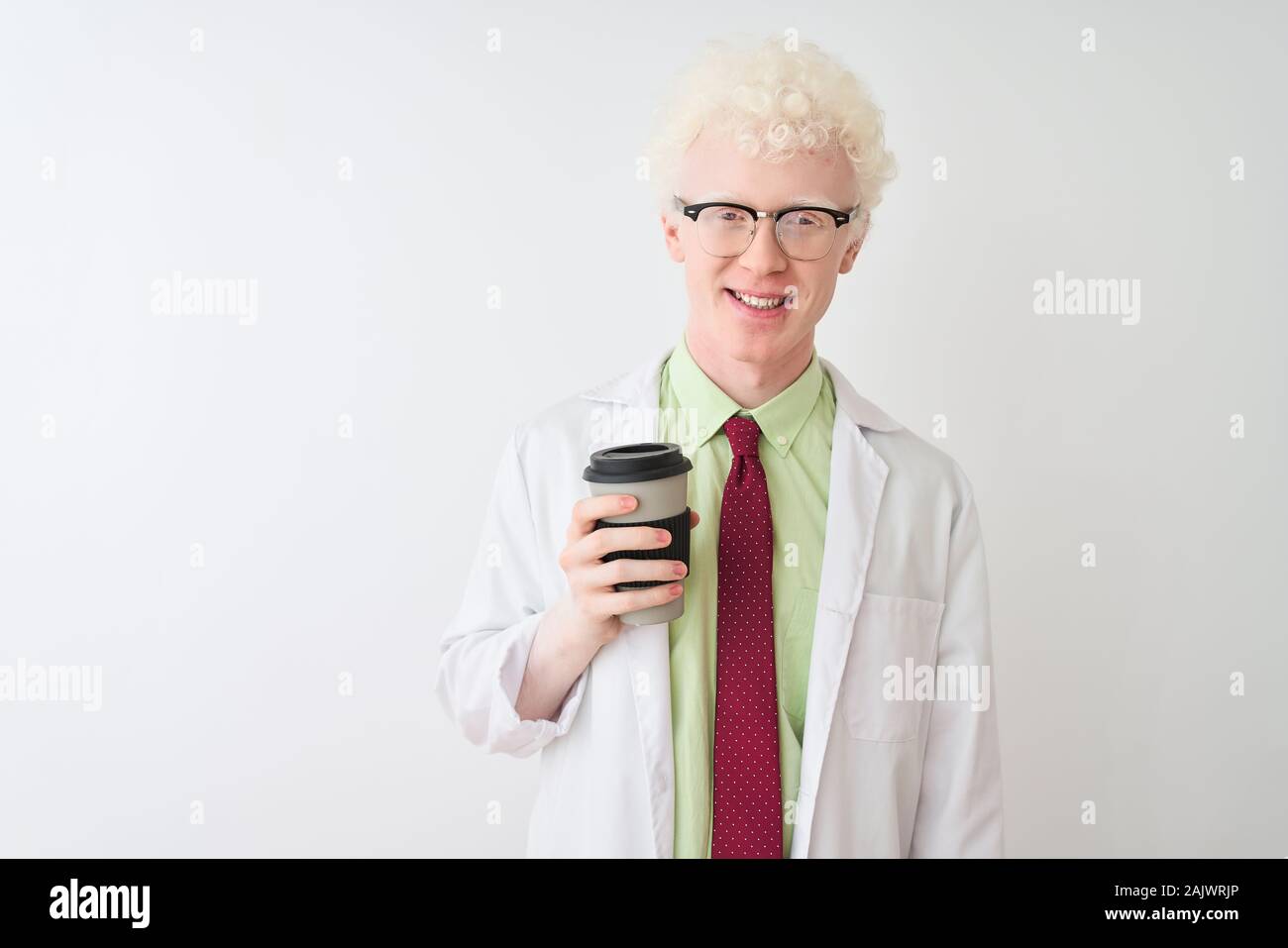 Albino scientist man wearing glasses drinking take away coffee over ...
