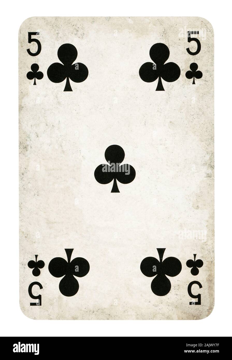 Five of Clubs Vintage playing card - isolated on white (clipping path ...