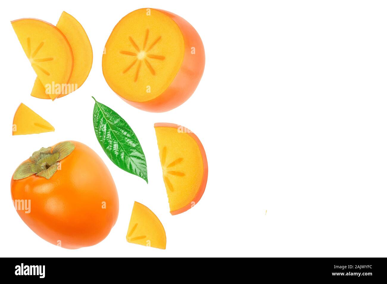persimmon slice with leaves isolated on white background with copy ...