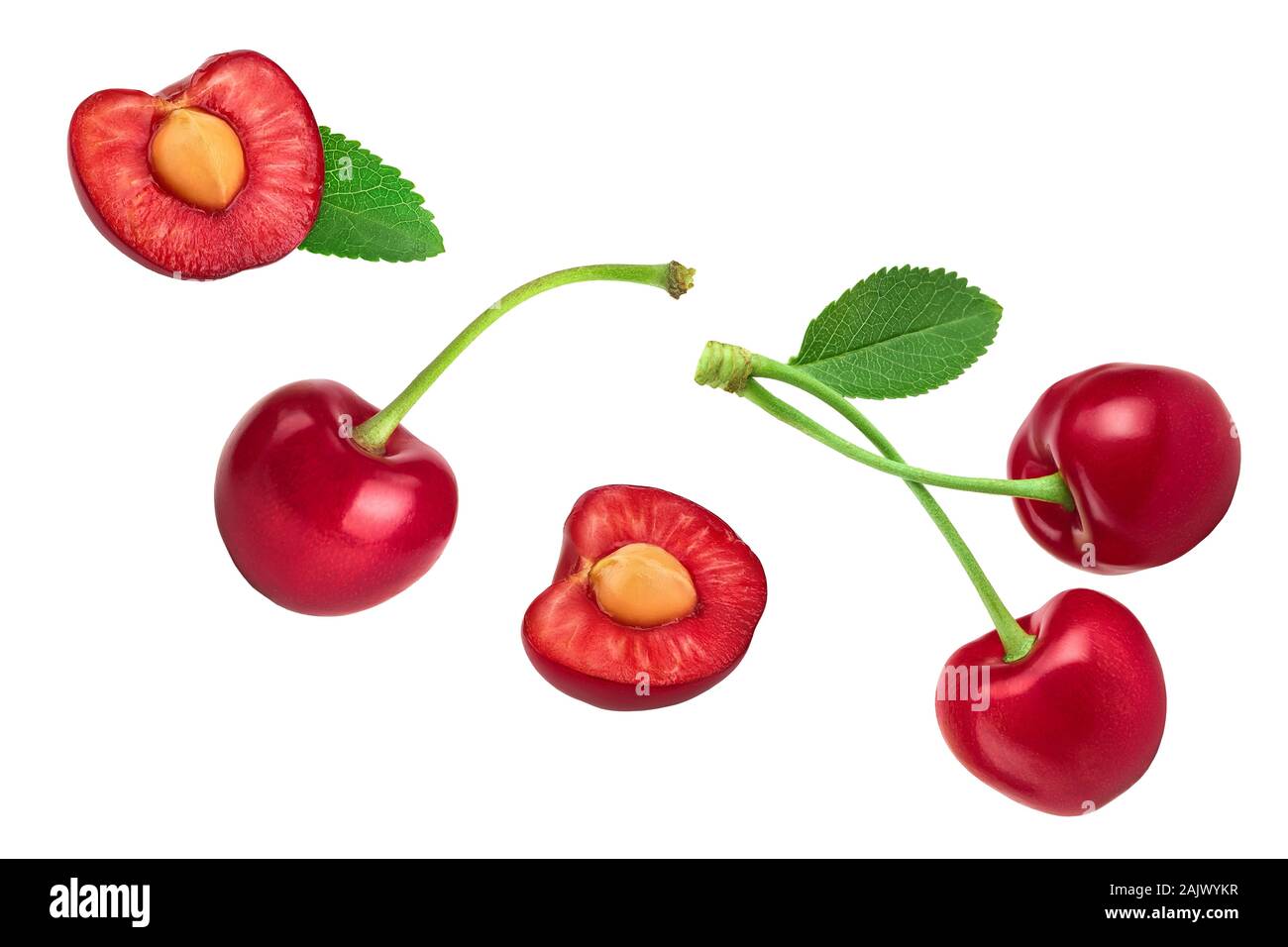 Three cherries with leaf closeup isolated on white background Stock ...
