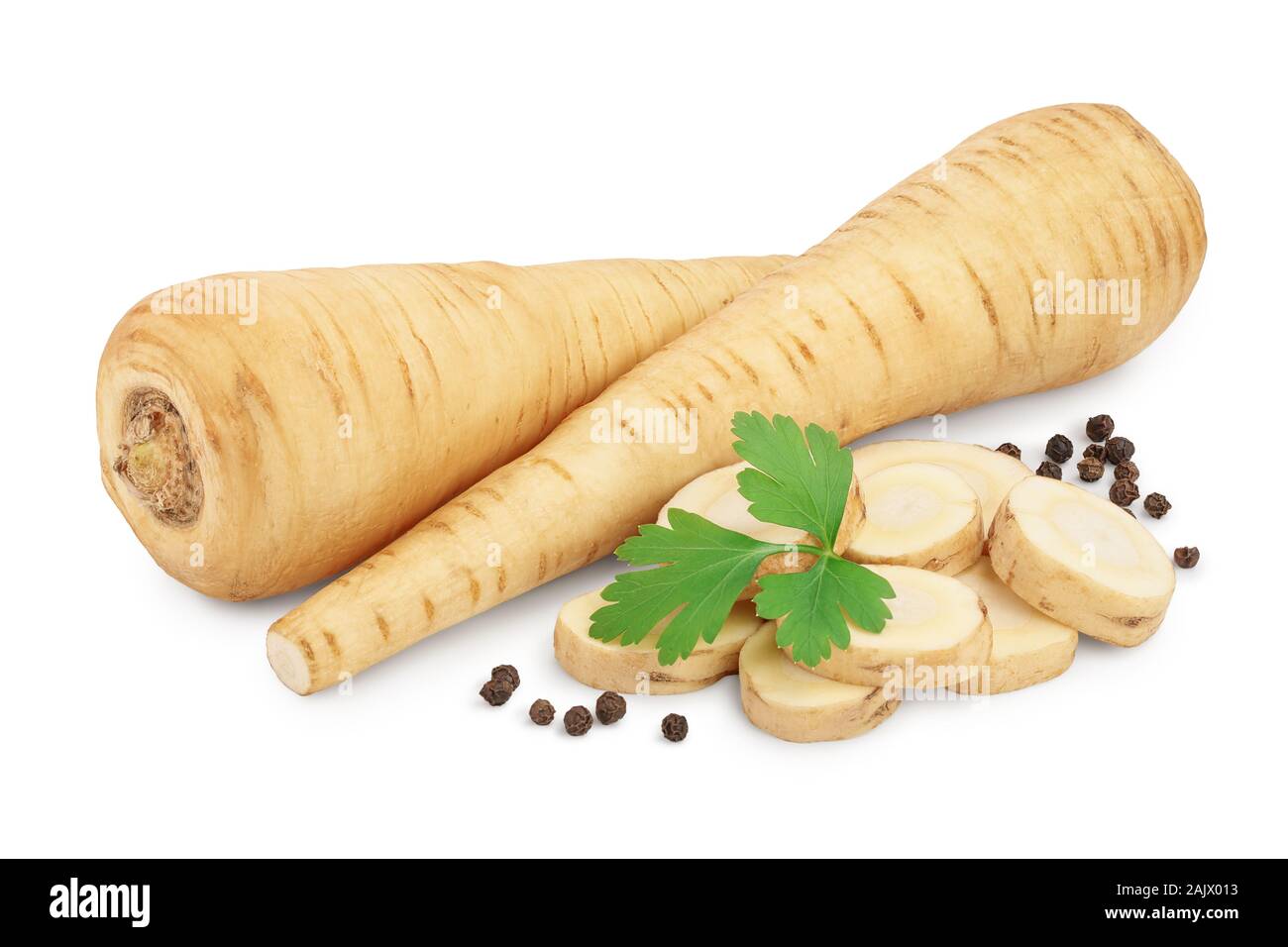Parsnip root and slices with parsley isolated on white background with ...