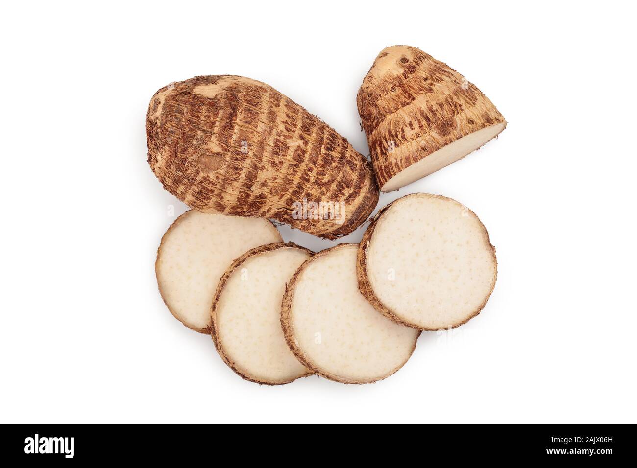 fresh taro root isolated on white background. Top view. Flat lay. Set ...